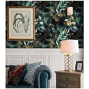 HAOKHOME 93208 Boho Peel and Stick Wallpaper Leaves Branch Removable Black/Green/Matte Gold Vinyl Self Adhesive Mural for Bedroom 17.7in x 9.8ft