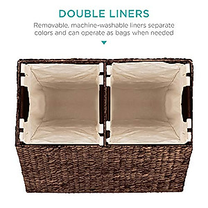 Best Choice Products Rustic Extra Large Natural Woven Water Hyacinth Double Laundry Hamper Storage Basket w/ 2 Removable Machine Washable Cotton Liner Bags, Divided Interior, Lid, Handles - Espresso