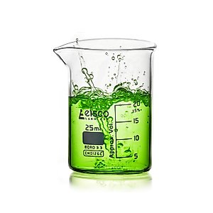 EISCO Beaker, 25ml - Low Form with Spout - White, 5ml Graduations - Borosilicate 3.3 Glass