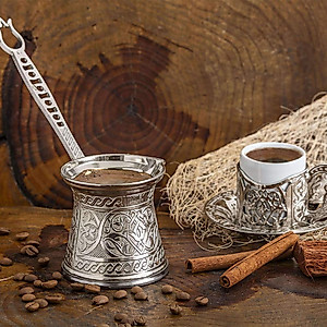 Turkish Coffee Pot, Moka Pot, Espresso Maker for the Stove Top, Camping Coffee Pot, Handmade Greek Arabic Coffee Warmer Cezve with Brass Handle, Stainless Steel Inside (Large 10.7 oz, Copper)