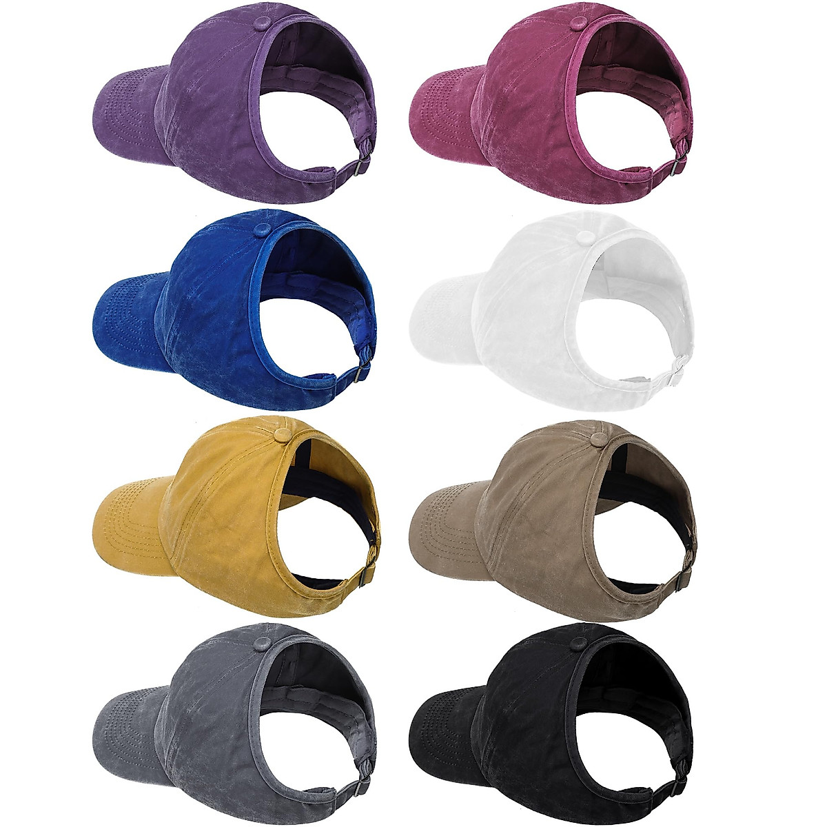 Jiuguva 8 Pieces Backless Ponytail Caps Baseball Caps for Women Ponytail Hats High Messy Bun Baseball Hats Adjustable Sun Visor Caps Natural Curly Hair Ponytail Cap