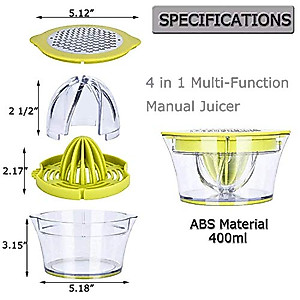 Drizom Citrus Lemon Orange Juicer Manual Hand Squeezer with Built-in Measuring Cup and Grater, 12OZ, Green