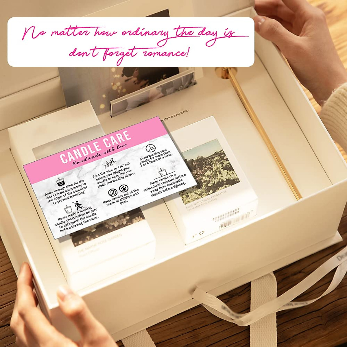 Handmade Candle Care Instruction Card, Card, for Makers Soy Bees Wax Coconut Essential Oils Black with White, 50 Pack 3.5 x 2 inches (Pink)