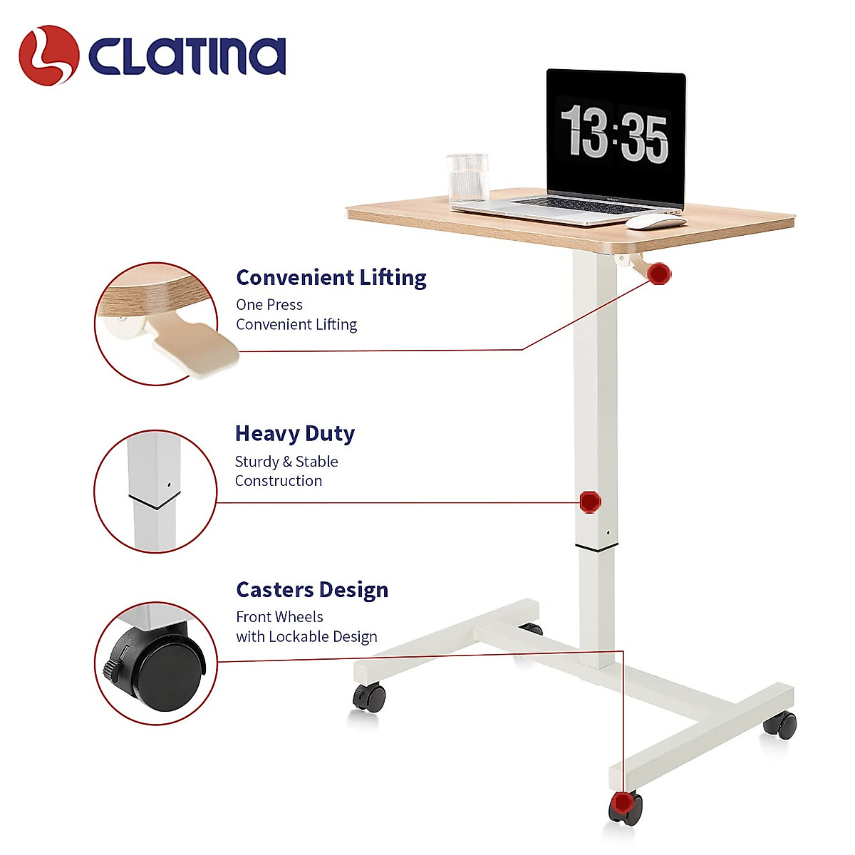 CLATINA Height Adjustable Mobile Laptop Desk Cart - Versatile Rolling Workstation Table for Office, Home, and Study Room - Ergonomic Standing Desk with Lockable Wheels 28" x 19" Beige…