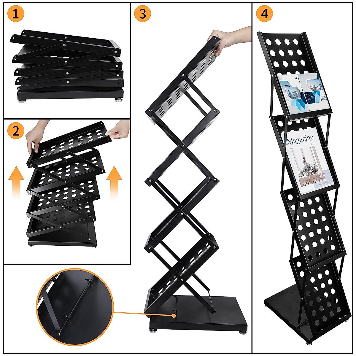 PUJIANG 4 Pockets Folding Magazine Rack，Floor Metal Black Literature Rack with Case Brochure Stand Literature Stand Catalog Holder Stand Flyer Display Stand for Trade Show Exhibition Office Retail