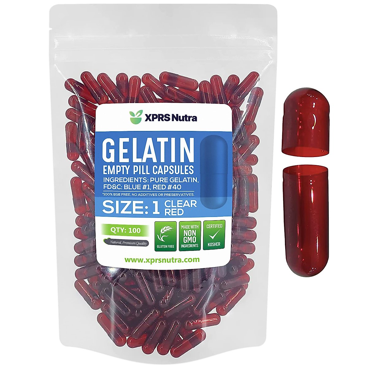 XPRS Nutra Size 1 Empty Capsules - Clear Red Colored Empty Gelatin Capsules - Empty Pill Capsules - DIY Supplement Capsule Filling - Fillable Color Gel Caps Pills (100 Count)