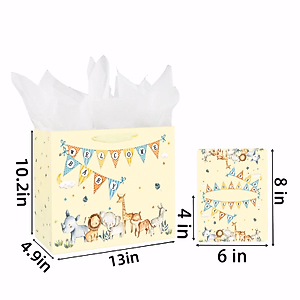 13" Large Baby Boy Girl Gift Bag for Baby Shower with Tissue Paper and Greeting Card (Yellow)