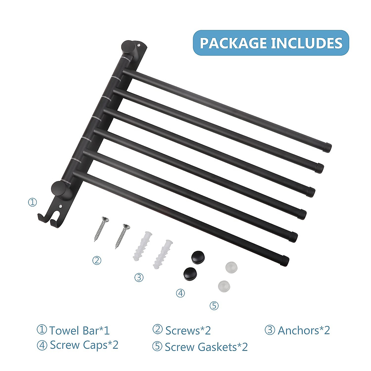 Space Saving Towel Rack JSVER Black Space Saving Towel Holder, Towel Rack Wall Mounted, Swivel Hand Towel Holder, 6-Arms Towel Bar, Towel Racks for Bathroom