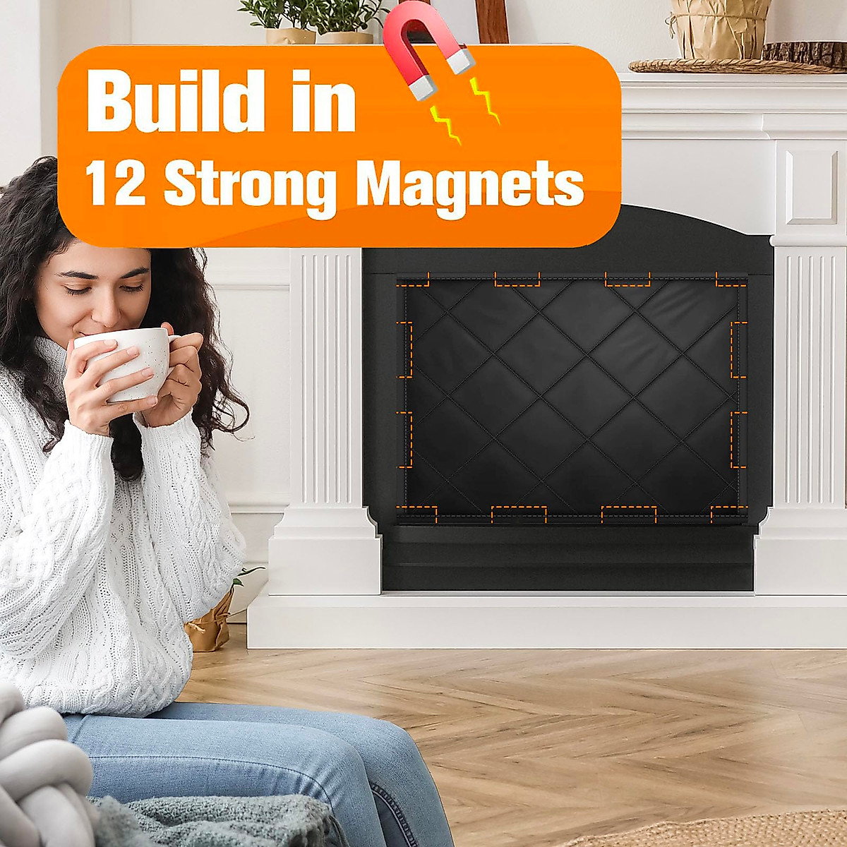 Magnetic Fireplace Draft Cover, Fireplace Blocker Blanket for Heat Loss, Indoor Fireplace Draft Stopper with 12 Magnets for Iron Fireplace Frame, Fireplace Blanket for Insulation Black 36" W x 32" H