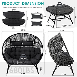 RADIATA Double Egg Chair with Ottomans Outdoor Wicker Patio Egg Chairs with Footrests for Indoor Bedroom Outside Porch Deck Backyard Garden