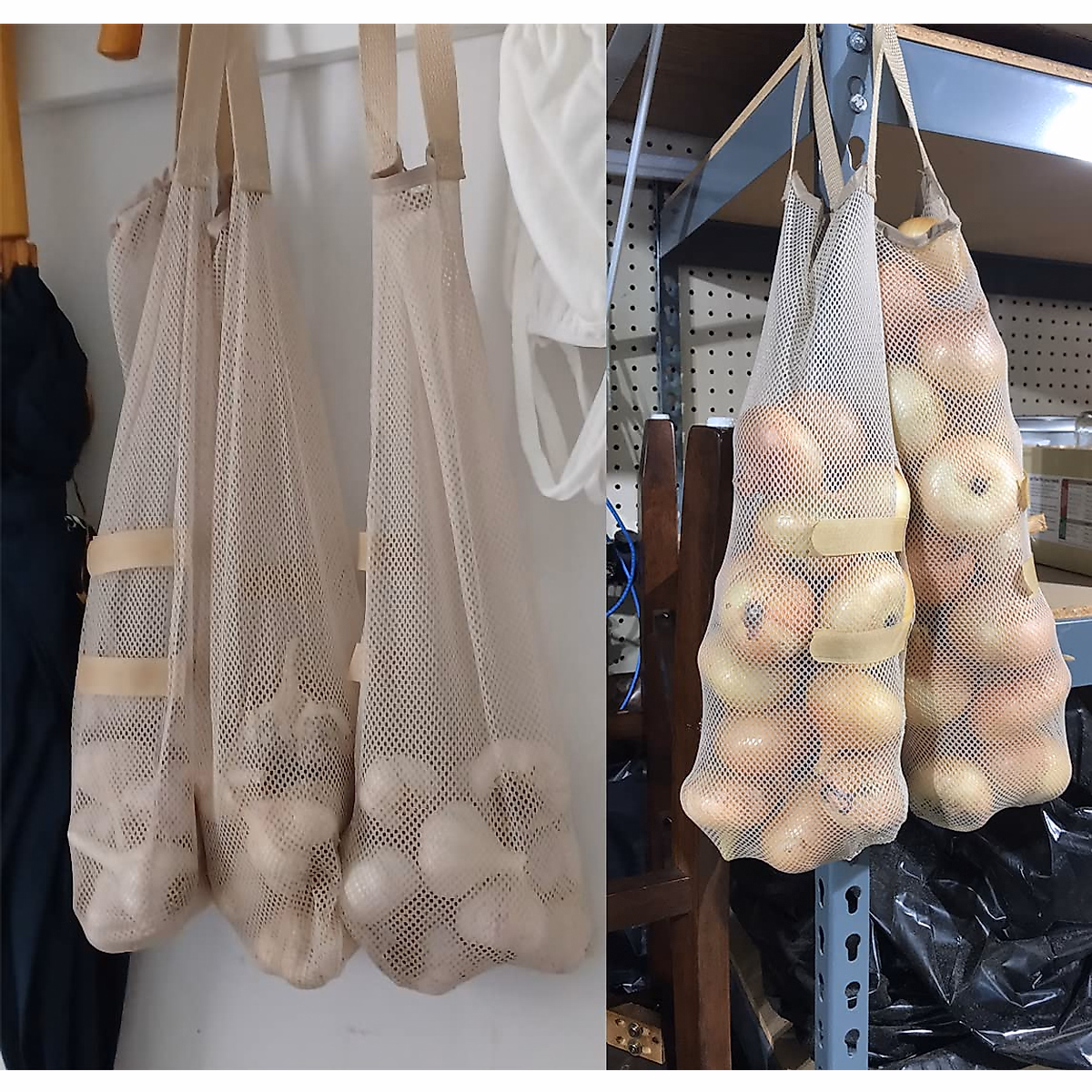 AHYUAN Hanging Mesh Storage Bags 5 Pack Onion Bags Mesh Garlic Net Bags Potatoes Bags Long and Large Reusable Net Storage Produce Bags for Fruit Veggies Garbage Bag for Home RV Camper Storage