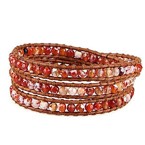KELITCH Fire Agate Beads Bracelet Genuine Leather 3 Wrap Bracelet Handmade New Charm Bracelets Summer Jewelry