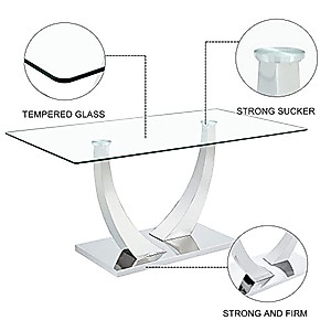 Glass Dining Table for 6 People, 62.8" Modern Kitchen Dining Room Table with Rectangular Tempered Glass Tabletop and U-Shape Pedestal Base,Large Dinner Pedestal Table for Dining Room