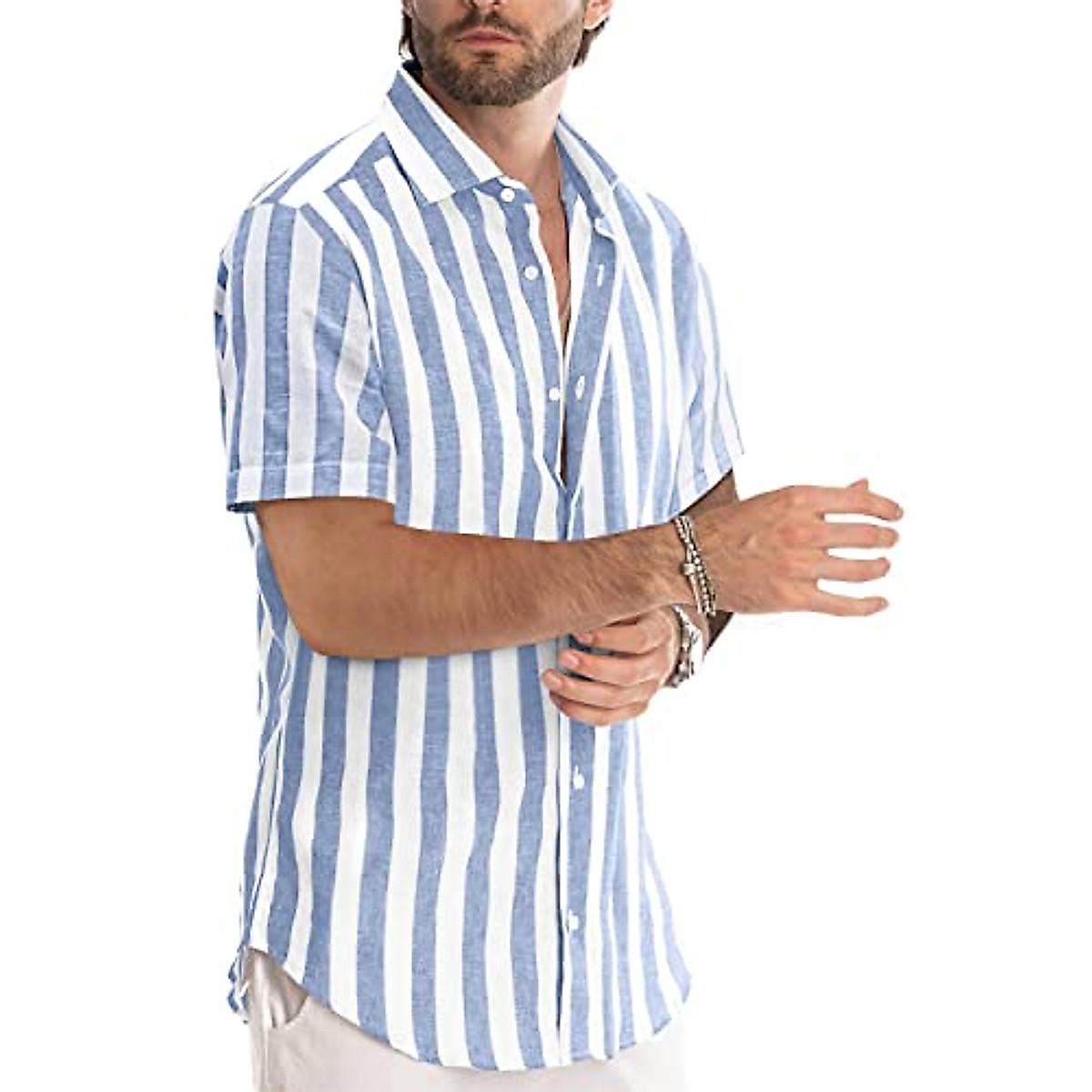 JMIERR Men's Summer Casual Stylish Short Sleeve Button-Up Shirts Cotton Linen Vertical Striped Business Dress Shirts Beach Cruise Shirt Resort Wear Old Money Aesthetic Clothes, US 43(L), Sky Blue