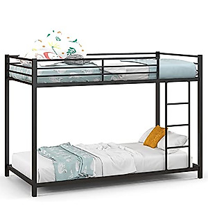 KOMFOTT Metal Low Bunk Bed Twin Over Twin, Heavy Duty Bunk Bed Frame with Ladder & Full-Length Guardrails, Metal Slatted Floor Bed Frame for Teens & Adults, No Box Spring Needed (Black)
