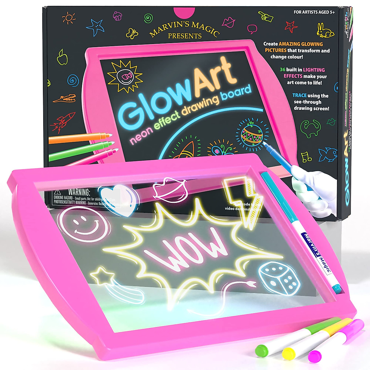 Marvin's Magic - Glow Art Unique Craft Kit | Light Up Kids Art Set | Includes Neon Effect Drawing Board with A Built-in Stand and 4 Fluorescent Magic Pens - Pink