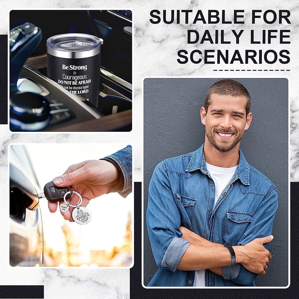 3 Pcs Christian Gifts for Men, Encouraging Gifts for Men Including Christian Keychain, 20 oz Travel Bible Verse Tumbler Mug with Slider Lid, Christian Bracelets, Inspiration Religious Gift for Men Boy