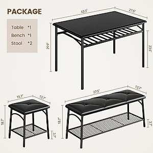 GAOMON Dining Table with Benches, Kitchen Table Set for 4, Dining Room Table Set with Upholstered Bench and Square Stools, Metal and Wood Dining Table Set for 4 with Storage for Small Space-Black