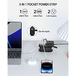 Travel Power Strip with USB Ports, Portable Small Power Strip with 4FT Wrapped Flat Plug Extension Cord, 2 Outlets 3 USB Ports(1 USB C), Non Surge Protector for Cruise Ship Hotel