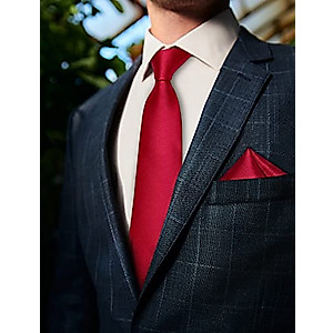 DiBanGu Tie Set for Men Solid Color Necktie, Gold Tie Tack, Gold Tie Ring, Pocket Square, Cufflinks Formal Mens Silk Tie, Bright Red