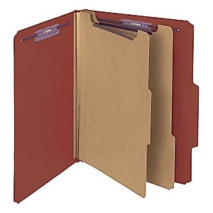 Smead Pressboard Classification File Folder with SafeSHIELD Fasteners, 2 Dividers, 2" Expansion, Letter Size, Red, 10 per Box (14075)