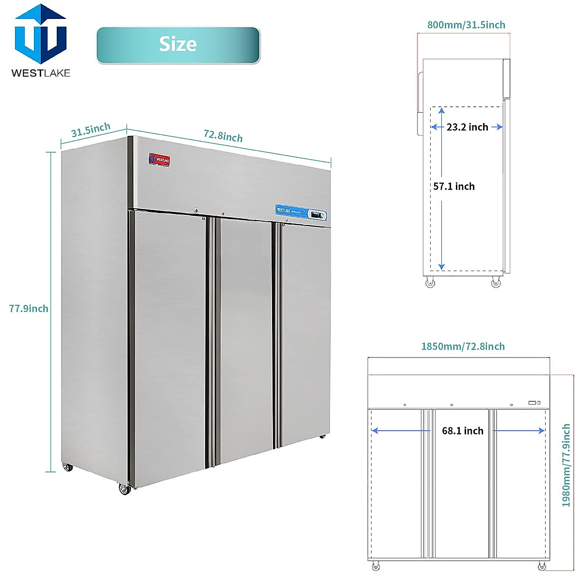 WESTLAKE 72" W Commercial Refrigerator 3 door 3 Section Stainless Steel Reach in Solid door Upright Fan Cooling 54 Cu.ft Cooler for Restuarant, Bar, Shop, etc