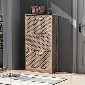AGOTENI Shoe Cabinet with 3 Flip Drawers, Shoe Storage Organizer with 2-Tier Shelf for Entryway, Freestanding Shoe Rack Storage Organizer, Natural