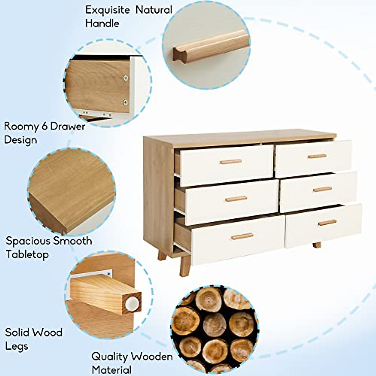 Henf Modern 6 Drawers Dresser, Elegant 6 Drawers Chest Dresser Storage Cabinet with Wood Handles and Foot, Chest of Drawer Cabinet for Closet Bedroom, Living Room, Kids Room