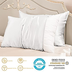 PROMEED 23 Momme White Silk Pillowcase for Hair and Skin, 100% Natural Mulberry Silk Pillow Case for Sensitive Skin, Breathable and Soft Acne Pillowcase (Standard 20"x26", White)