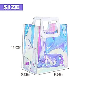 R-LOMU 5pcs Clear Iridescent Reusable Gift Bag 11 x 9.8 x 5.1 Inches Holographic Large Handbag Gift Wrap Bags Pvc with Handle for Party,Birthday,Christmas,Travel, Festival,Wedding, Shopping