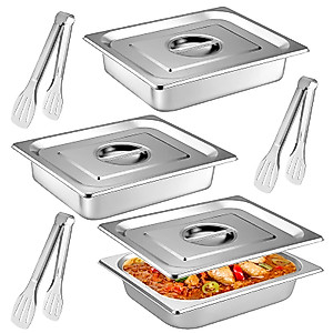 3 Pack Hotel Pans Half Size 2.5 inch Deep, Steam Table Pan with Lid and Tong, Stainless Steel Anti Jam Steam Table Pans, Commercial Catering Food Pan