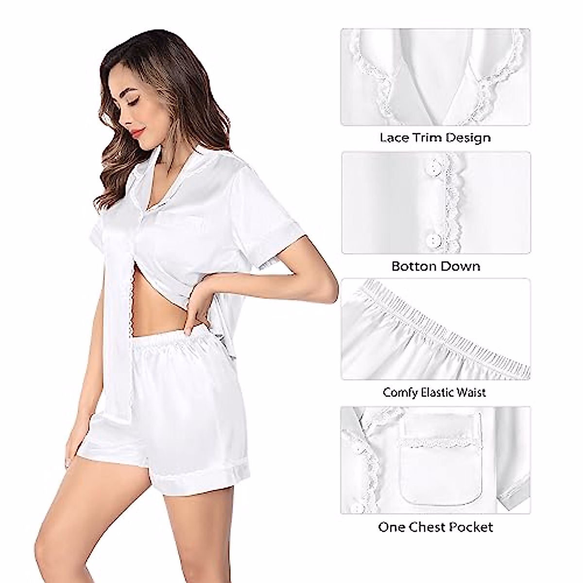 SWOMOG Mommy and Me Pajamas Womens Pajama Sets Satin Silk Pjs 2 Piece Short Sleeves Lace Lounge Shorts Button Up Pj Sleepwear White