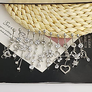 TIANCI FBYJS 14G Women Belly Button Rings Surgical Stainless Steel Dangle Belly Rings 10mm Heart Belly Piercings Flower Butterfly Navel Jewelry 11pcs (silver)