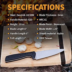 Off-Grid Knives - Sierra Chef Knife with Sandvik 14C28N Stainless Steel, Kydex Sheath and Belt Clip, G10 Scales, Camping, BBQ & Home Kitchen Use (Stonewash)