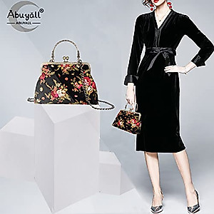 Abuyall Vintage Handbags Floral Top-Handle Kiss Lock Evening Bag for Women Retro Purse with Chain Women's Clutch Bag for Party 1920s Clutch Purse (Black)