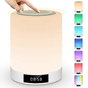 Upgraded Night Light Bluetooth Speaker, Portable Wireless Speaker Touch Control Bedside Lamp, Alarm Clock, FM Radio, Dimmable Warm Night Light & Colorful Lights, Ideal for Gift and Home Decor