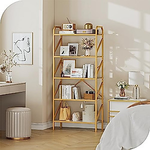DWVO 5 Tiers Gold Bookshelf, 62" Modern Metal Open Marble Glass Bookcase with Metal Frame, Tall Display Rack Storage Book Shelves, for Living Room, Bedroom, Gold