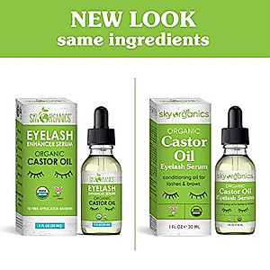 Organic Castor Oil Eyelash Serum By Sky Organics (1oz x 2 Pack) Cold-Pressed, 100% Pure Castor Oil - Dry Skin, Hair Growth, Eyelashes & Eyebrows growth- Caster Oil Lash Enhancer with Mascara Brushes