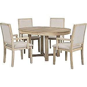 5-Piece Extendable Dining Table Set with Upholstered Chairs and Armrests, Two-Size Round to Oval Butterfly Leaf Wood Table, Natural Wood