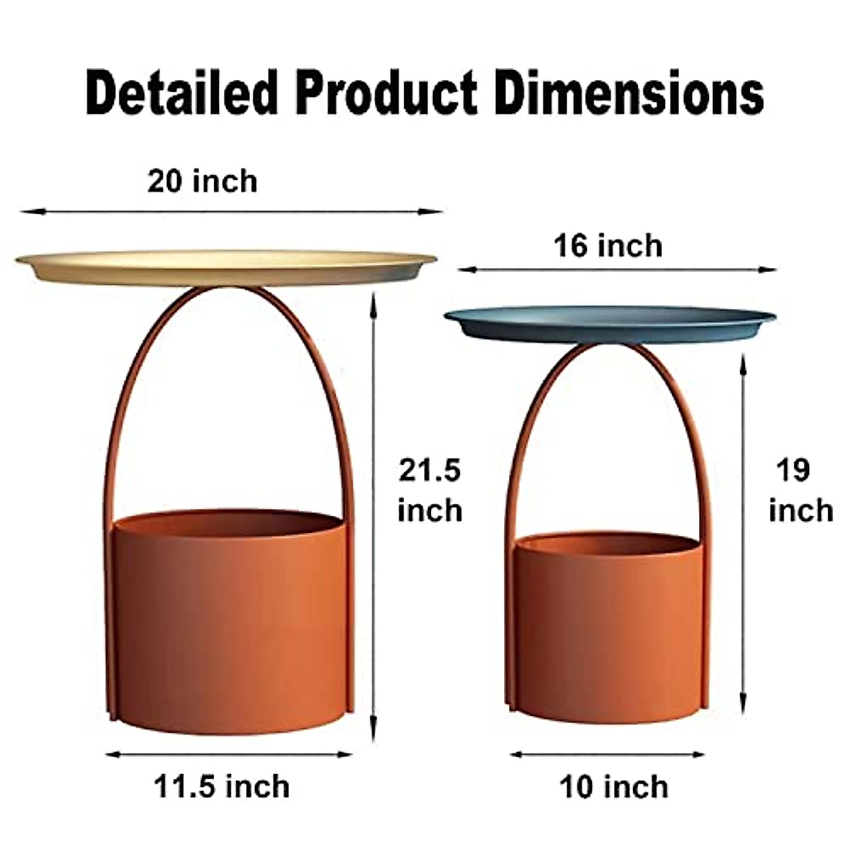 Modern End Table Set of 2, Metal Sofa Side Table, Waterproof Small Coffee Table with Removable Tray for Living Room Bedroom Balcony and Office