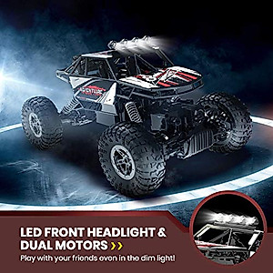 DEERC DE45 RC Cars Remote Control Car 1:14 Off Road Monster Truck,Metal Shell 4WD Dual Motors LED Headlight Rock Crawler,2.4Ghz All Terrain Hobby Truck with 2 Batteries for 90 Min Play,Boy Adult Gifts