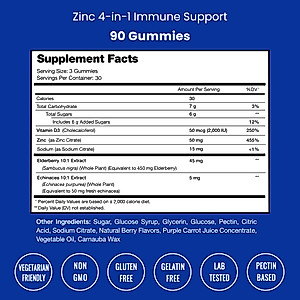 Zinc Gummies | 4-in-1 Zinc Gummies Adult | Zinc Chewable 50mg | Chewable Zinc Supplement Gummies with Vitamin D3 2000 IU, Elderberry & Echinacea | Immune, Heart & Brain Support | 180 Count (2 Pack)