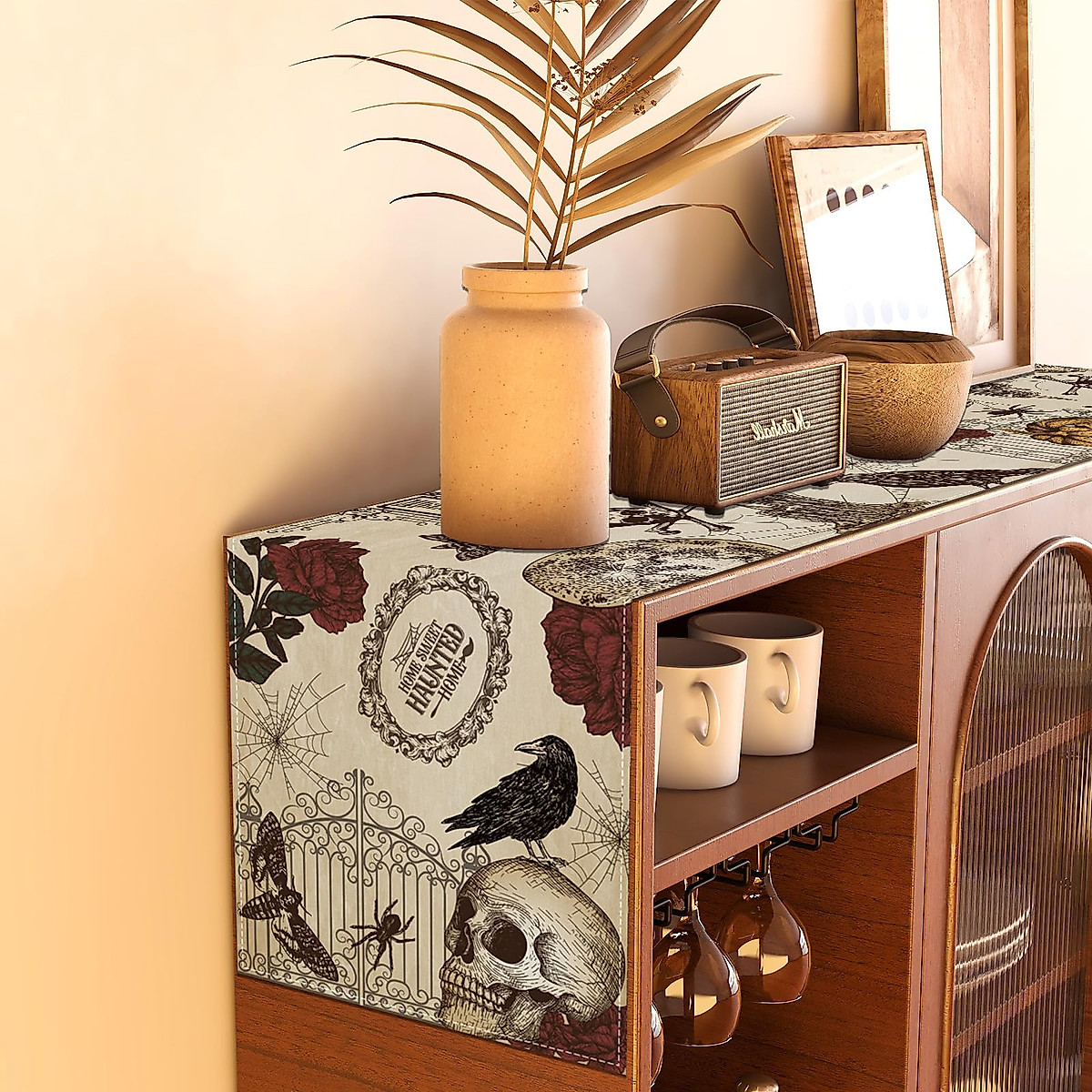 Rvsticty Linen Retro Halloween Table Runner Halloween Gothic Skull Tablecloth Day of The Dead Roses Skull Decor Halloween Decorations and Supplies for Home Kitchen Table-13×72’’