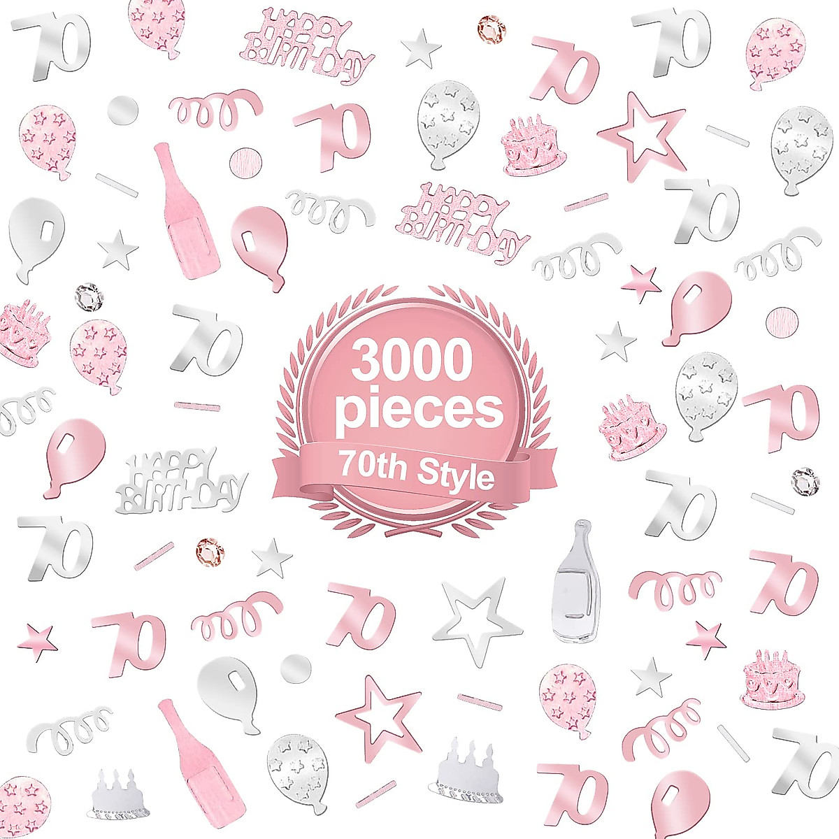3000 PCS Rose Gold Silver 70th Happy Birthday Confetti Decorations with Diamonds Rose Gold 70th Birthday Party Table Decor Metallic Foil Confetti Scatter for Men Women Birthday Anniversary Party DIY