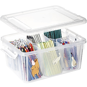 loobuu Plastic Storage Bins with Lids - 1 Pack Art Craft Supply Organizer Box with Brush Pot for Kids, 17 QT Stackable Clear Pen Container for Toy/Sewing/Comestic/Tool/Playdoh(15.93" x11.72"x7.19")