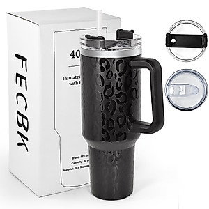 FECBK 40 oz Tumbler with Handle and Straw, 100% Leak-Proof Travel Mug, Stainless Steel Double Wall Vacuum Insulated Coffee Cup Keeps Cold For 34 Hours, Full Black Leopard