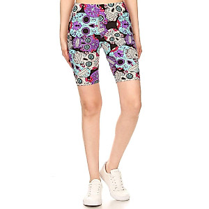 Leggings Depot LBK-R864-M Purple Sugar Skull Printed Biker Shorts, Medium