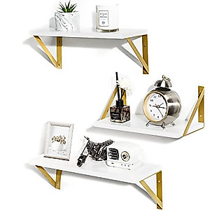 Y&M Floating Wall Shelves, Set of 3 Rustic Pine Wood Wall Mounted Shelf with Gold Metal Brackets, Decorative Storage for Bedroom, Bathroom, Modern Kitchen Living Room Storage & Decoration - White