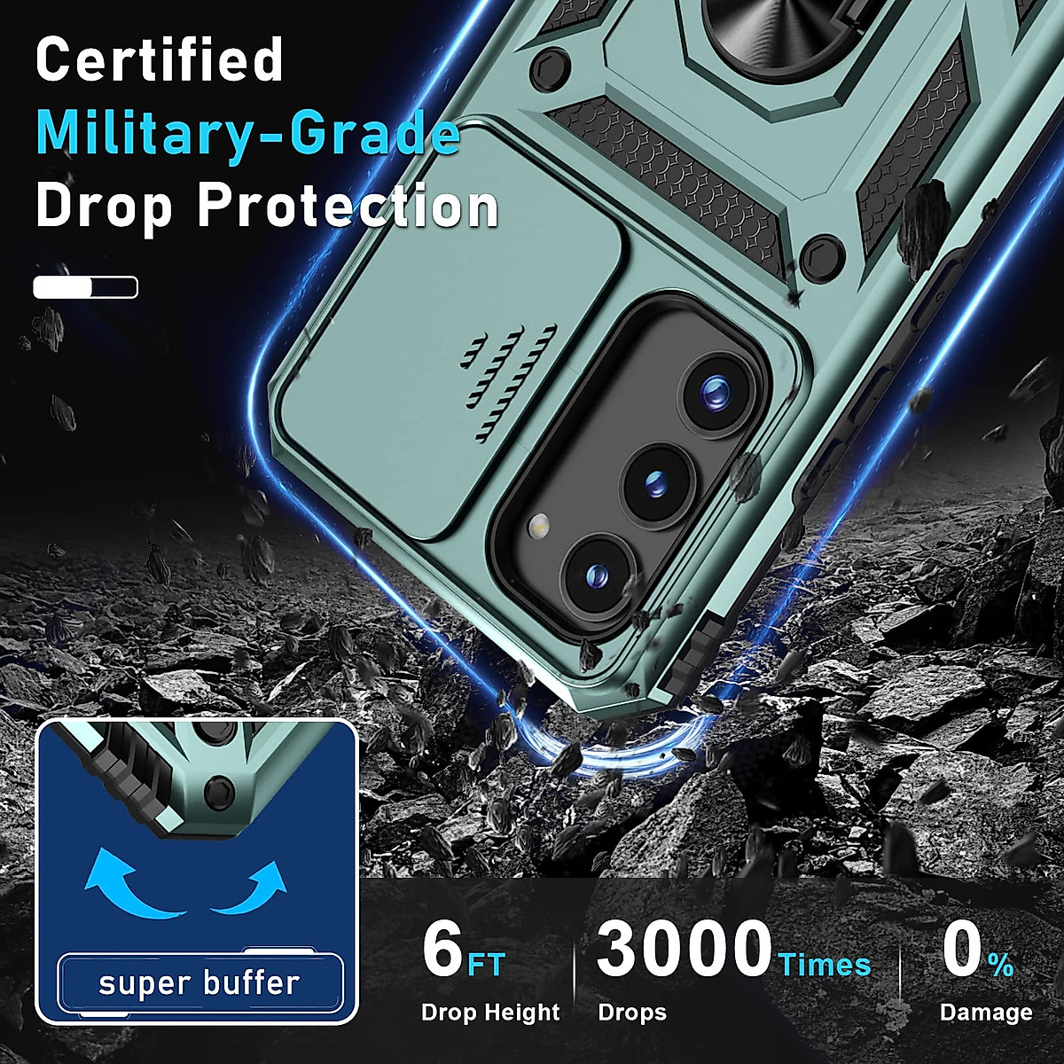 Janmitta Compatible with Galaxy A54 5G Case Built in Slide Camera Lens Cover and Screen Protector,Heavy Duty Shockproof Phone Cover,Built in Ring Stable Holder Kickstand,2023 Dark Green