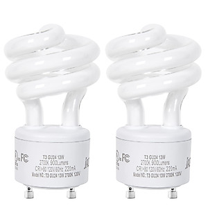 JACKYLED UL-Listed GU24 CFL Light Bulbs, T3 13W 2700K Warm White GU24 Base Compact Flourescent Bulbs, Energy Efficient 900lm Spiral Bulb, 2-Pack